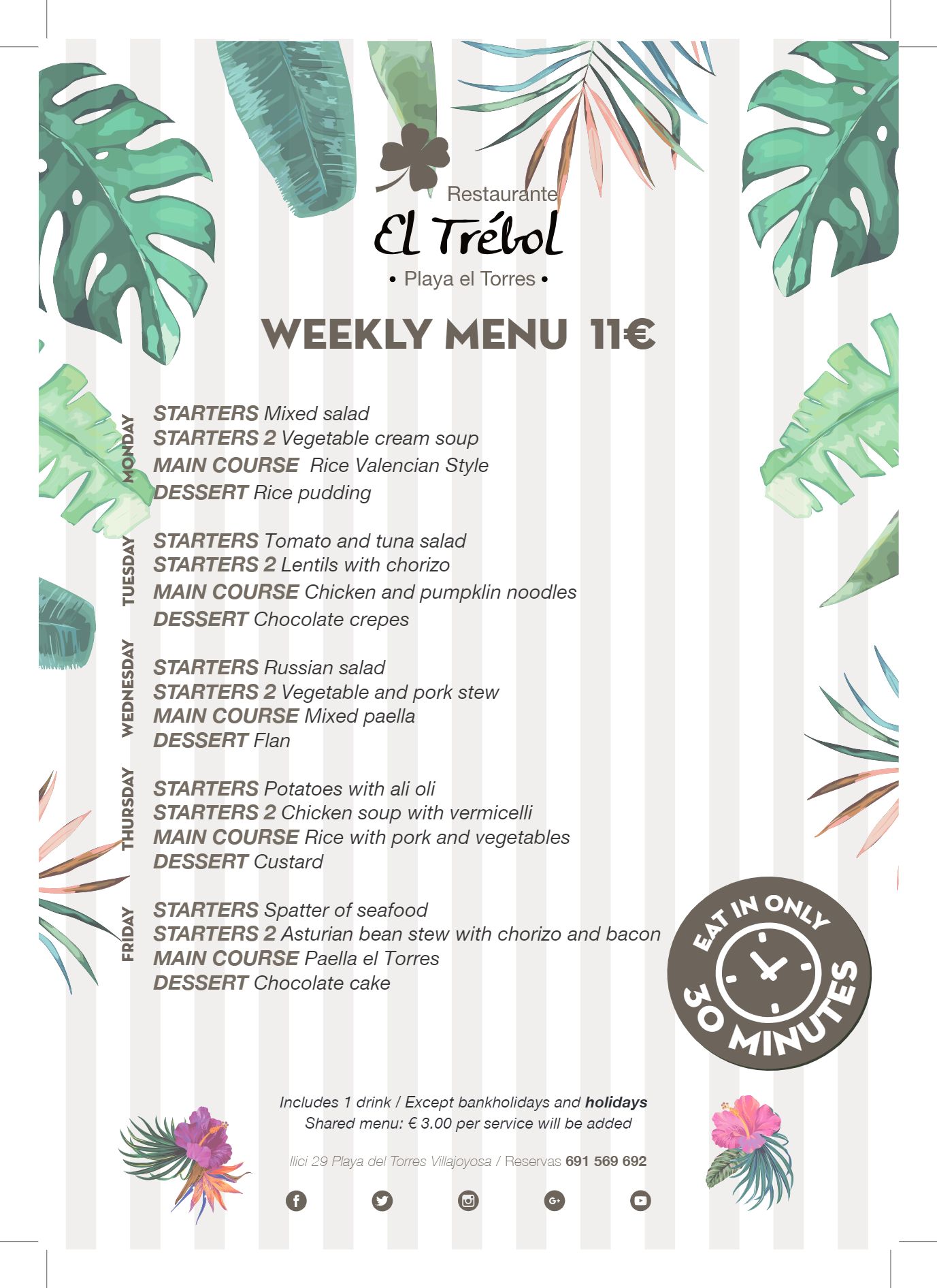 Menú semanal en tu restaurante El Trebol - Camping El Torres